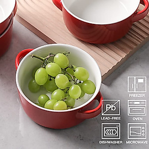 Sweejar Porcelain Soup Bowls with Handles, 28OZ Substantial Crocks for Soup, Oatmeal, Ramen, Functional and Stackable Set of 4, Dishwasher and Microwave Safe (Red)