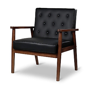 JIASTING Mid-Century Retro Modern Solid Wood Armrest Accent Chair, Faux Leather Tufted Back Upholstered Lounge Chairs, Living Room Furniture (Black 8325)