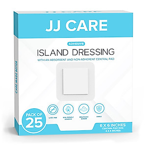 JJ CARE Adhesive Island Dressing [Pack of 25], 6x6 Sterile Bordered Gauze Dressing, Breathable Island Wound Dressing Individually Wrapped with Highly Absorbent Non-Stick Center Pad