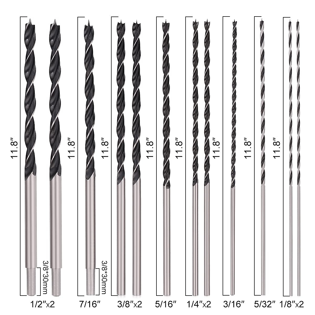 COMOWARE 12" Extra Long Brad Point Drill Bit Set, 12 Pcs High Carbon Steel Long Drill Bit, Long Drill Bits for Wood, Plastic, PVC, Composite & Rubber, 1/8", 3/16", 1/4", 5/16", 3/8", 7/16", 1/2"