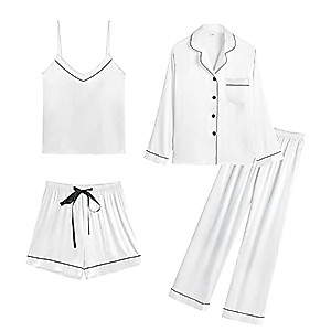 SWOMOG Women's 4pcs Satin Silky Pajama Set Long Sleeve Button Top with Long Pant White