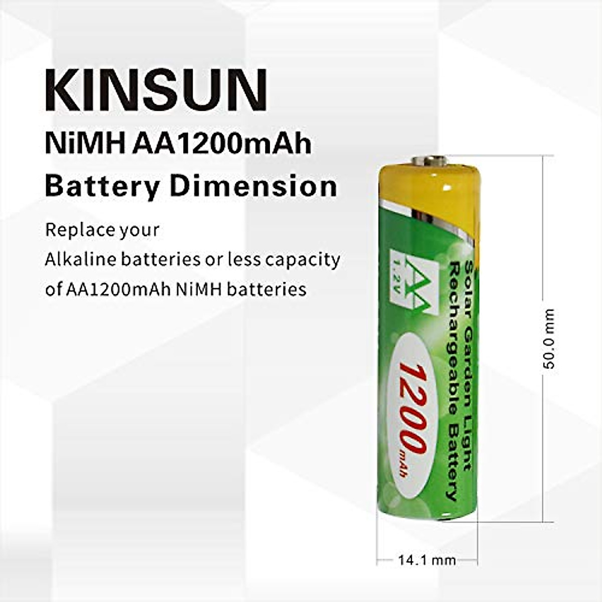 KINSUN 8-Pack Rechargeable Batteries 1.2V NiMH AA 1200mAh for Outdoor Solar Garden Lights Landscape Lights Path Lights