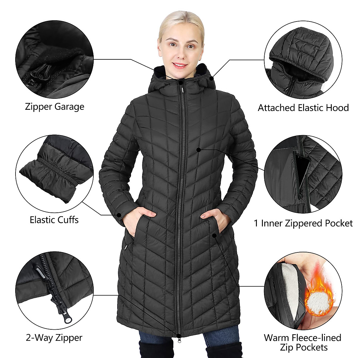 Outdoor Ventures Women's Hooded Lightweight Warm Winter Padded Long Puffer Coat-XL,36"