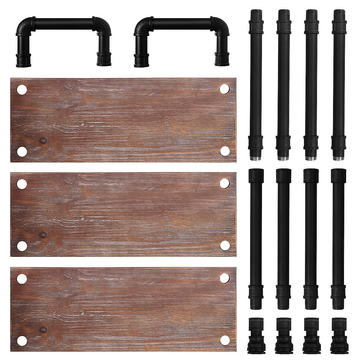 HouseAid 3 Tier Industrial Pipe Etagere Bookcase, Rustic Farmhouse Standing Shelf, Real Pine Wood Open Shelves for Living Room, Bathroom and Kitchen, Wall Mounted, Matte Black (39.4”×31.5”×11.8”)