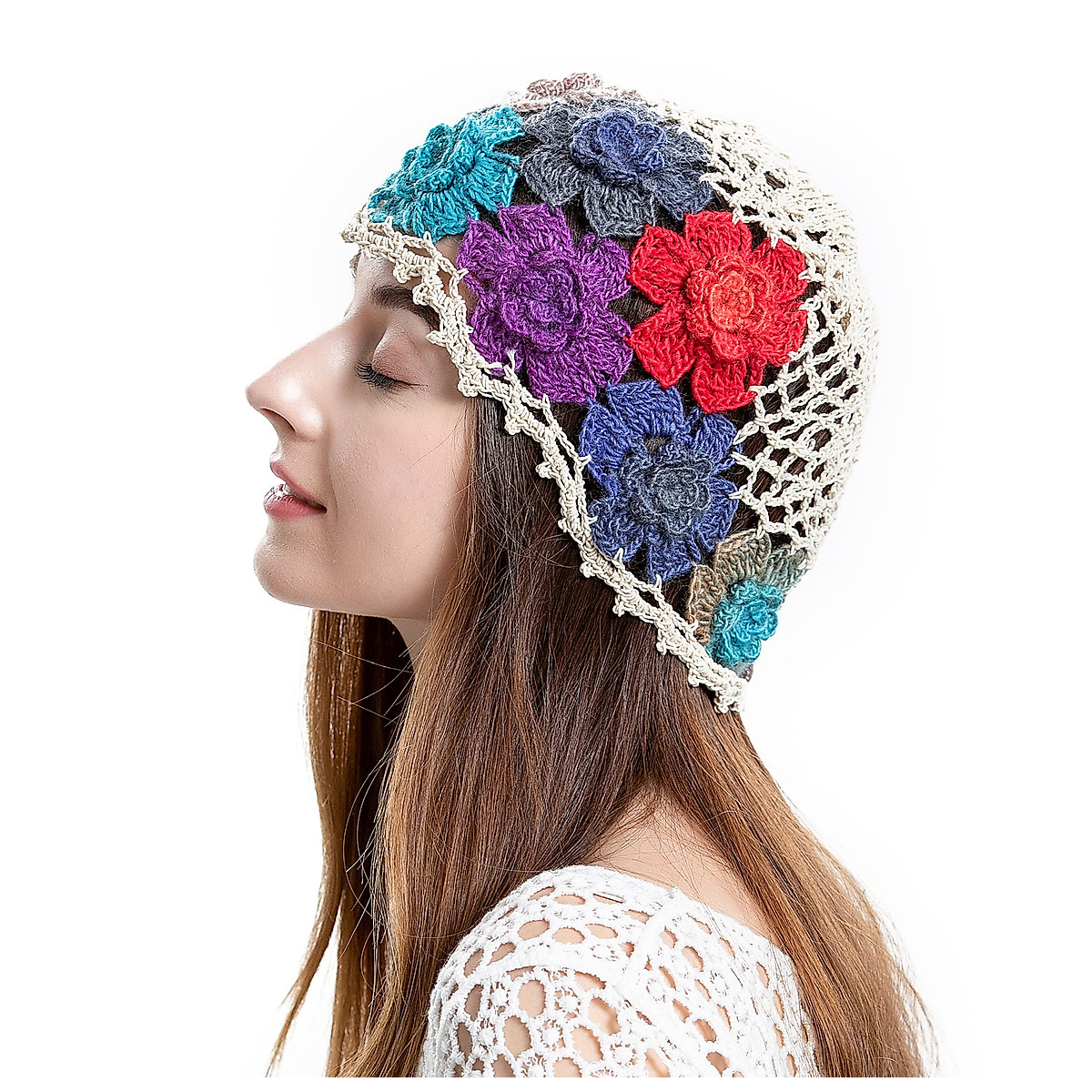 ZLYC Women Cotton Crochet Skull Cap Handmade Knit Cutout Floral Beanie Hat (Flowers Beige)
