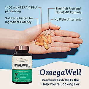 OmegaWell Omega 3 Fish Oil - 2000mg Capsules: Heart, Brain, & Joint Support - 800 mg EPA 600 mg DHA - w/ Natural Lemon Oil, Sustainably Sourced - Omega 3 Fish Oil Mini Softgels - 30 Day Supply