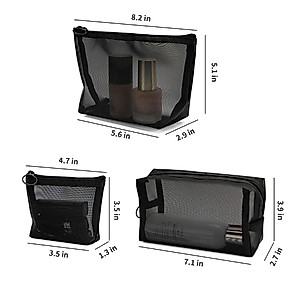 TOPASION Portable Mesh Makeup Bag with Zipper Small Travel Toiletry Bag Lightweight Cosmetic Pouch (Black 3 Piece Set)