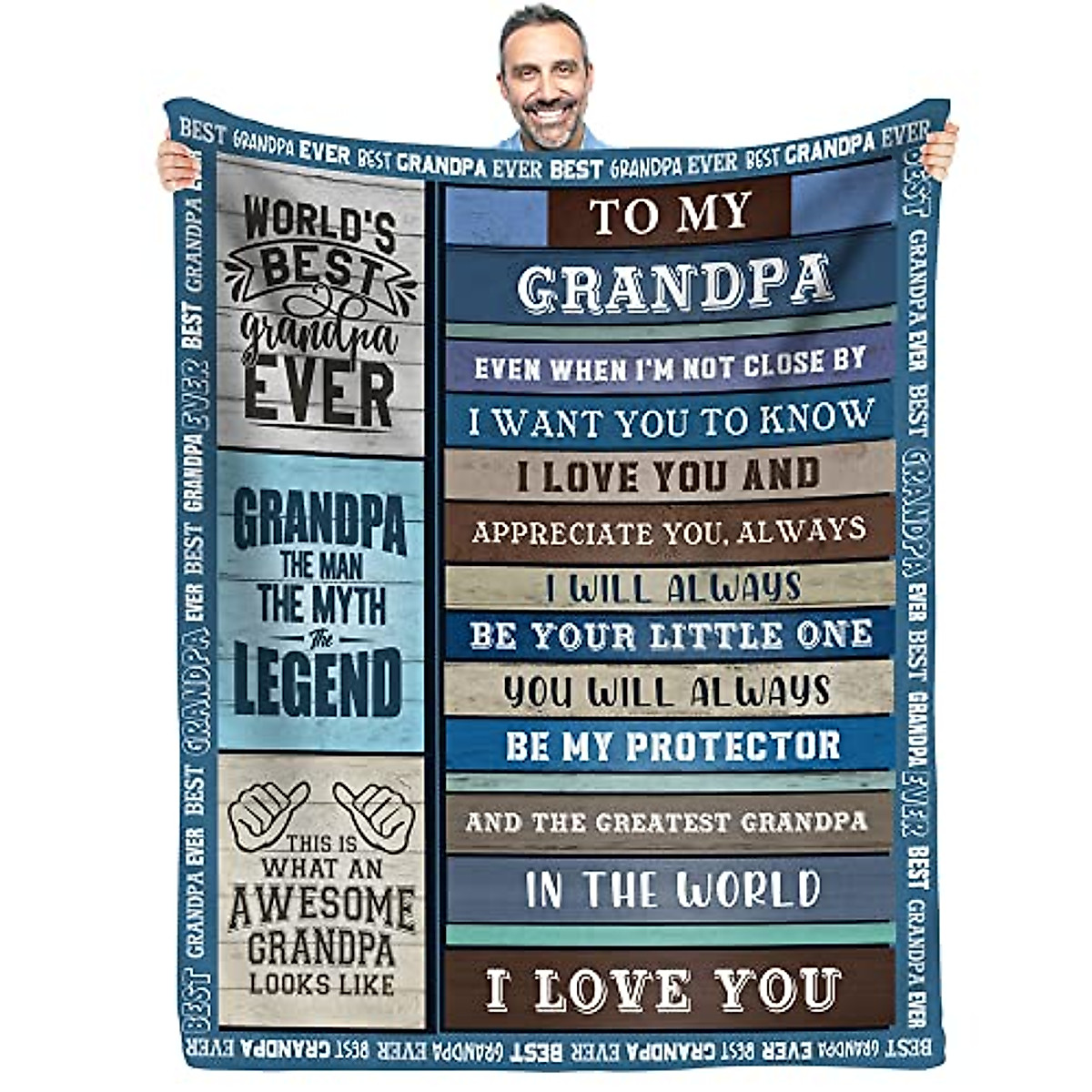 Sixftop Best Grandpa Ever Blanket Gifts from Grandson and Grandaughter Fathers Day Birthday Gifts for Grandpa Papa | to Grandpa Letter Christmas Bday Presents for Papa Throw Blanket 50” X 60"