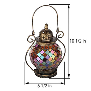 Lily's Home Decorative Candle Lanterns, Mosaic Glass and Wrought Iron Tea Light Candle Holder for Indoor or Outdoor Hanging Lantern. Candle NOT Included. Orange and Gold