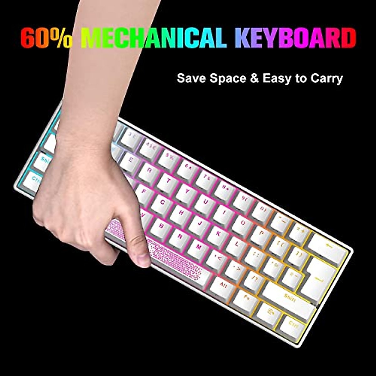 Mechanical Mini RGB Gaming Keyboard and Mouse Combo with Compact 62Key Layout Rainbow Backlight Anti-ghosting 6400DPI Honeycomb Mice Type-C Wired for PC Mac Gamer Laptop Typists DIY(White/Blue Switch)