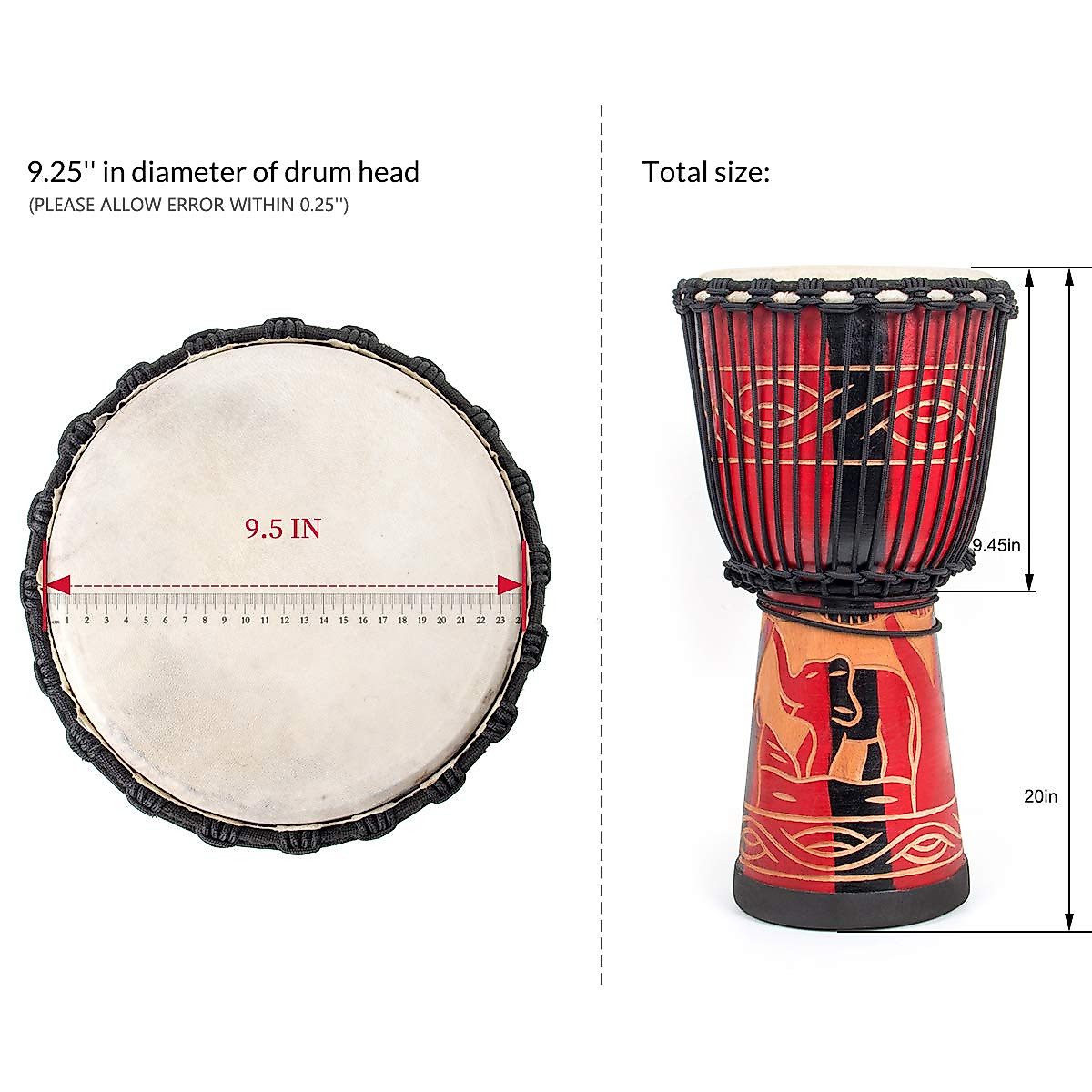 Djembe Drum, AKLOT African Drum Hand-Carved 9.5'' x 20'' Mahogany Goatskin Drumhead for Adults Beginners (Red)