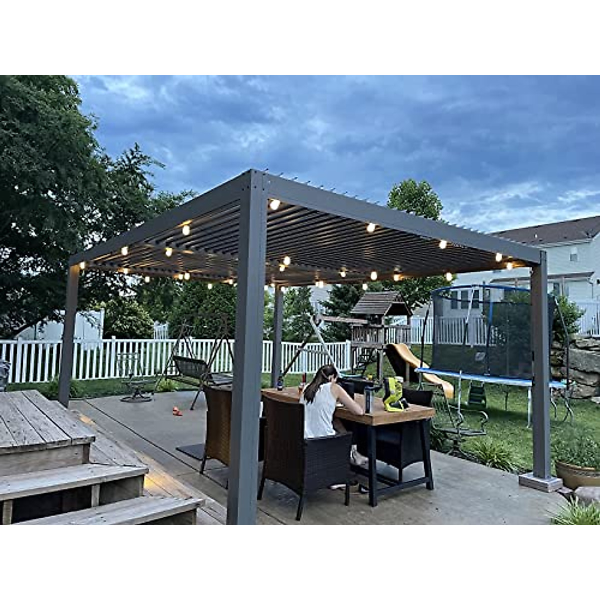 Domi Louvered Pergola 10' × 13', Outdoor Aluminium Pergola with Adjustable Roof, Curtains and Netting, Hardtop Gazebo for Patio, Deck, Garden, Yard, Beach(Gray)