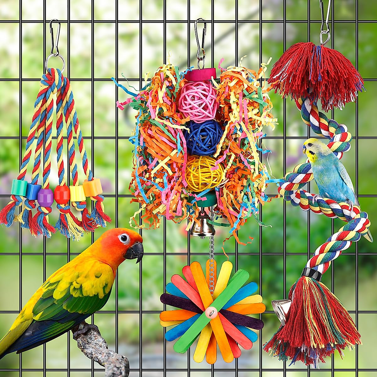 Bird Toys Bird Rope Perch with Bell Colorful Bird Chewing Shredding Foraging Toys Parakeet Toy Parrot Swing Climbing Standing Hanging Toys Bird Cage Accessories for Conure Cockatiel Budgies Lovebird