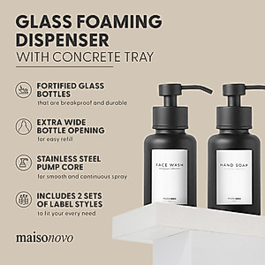 MaisoNovo Foaming Soap Dispenser with Concrete Tray - Hand Soap Refills for Foaming Dispenser - Black Bottle w.Tray 14 oz - 12 Mix Tablets
