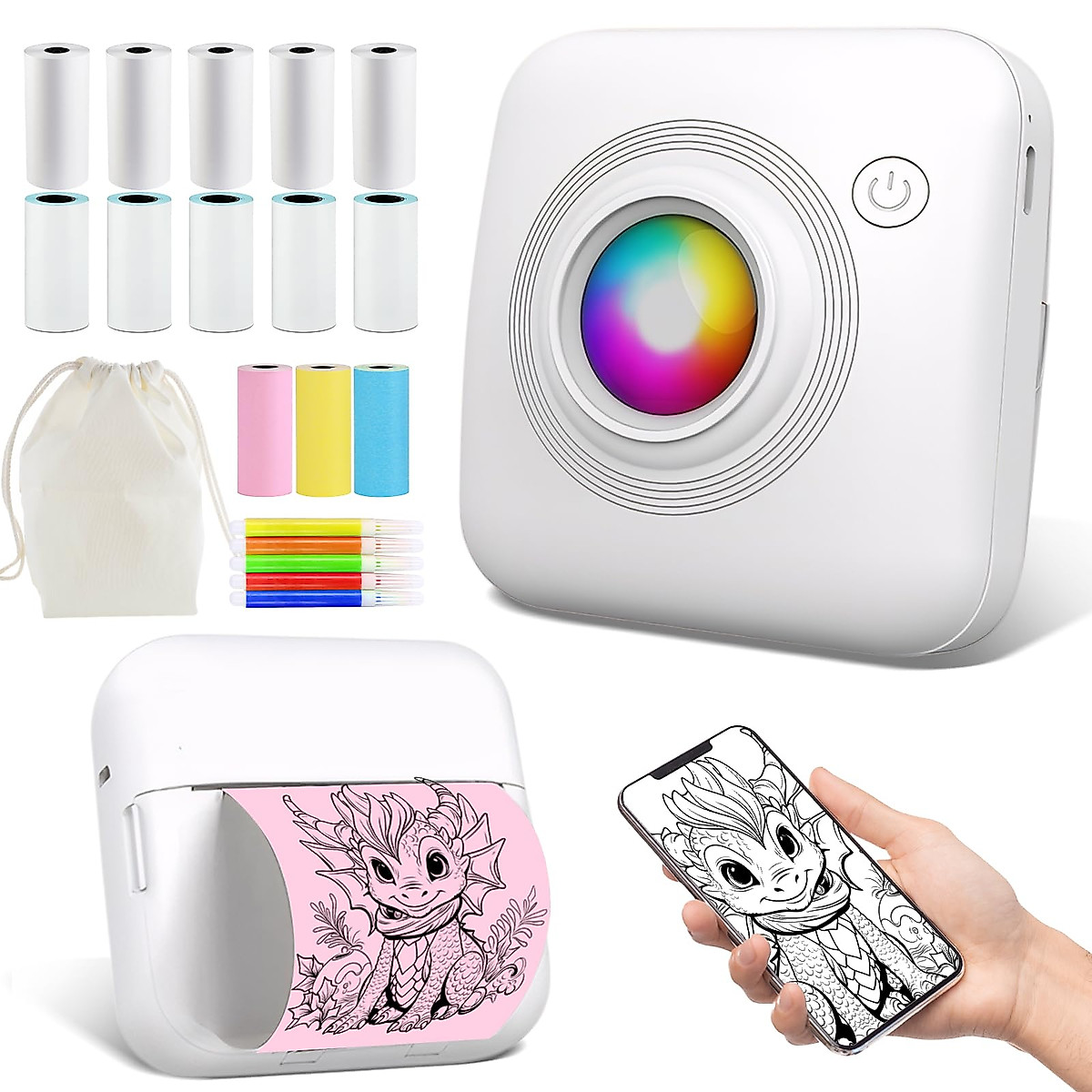 Qoosea Mini Printer Portable Printer with 13 Rolls Paper Storage Bag Thermal Sticker Printer Bluetooth App for Phone for Notes Pictures DIY Label Gift for Kids Friends