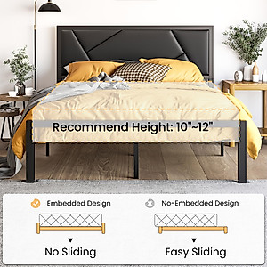 SHA CERLIN Modern Full Size Metal Bed Frame with Litchi Grain Leather Upholstered Headboard, No Box Spring Needed, 12.4" Underbed Storage, Black