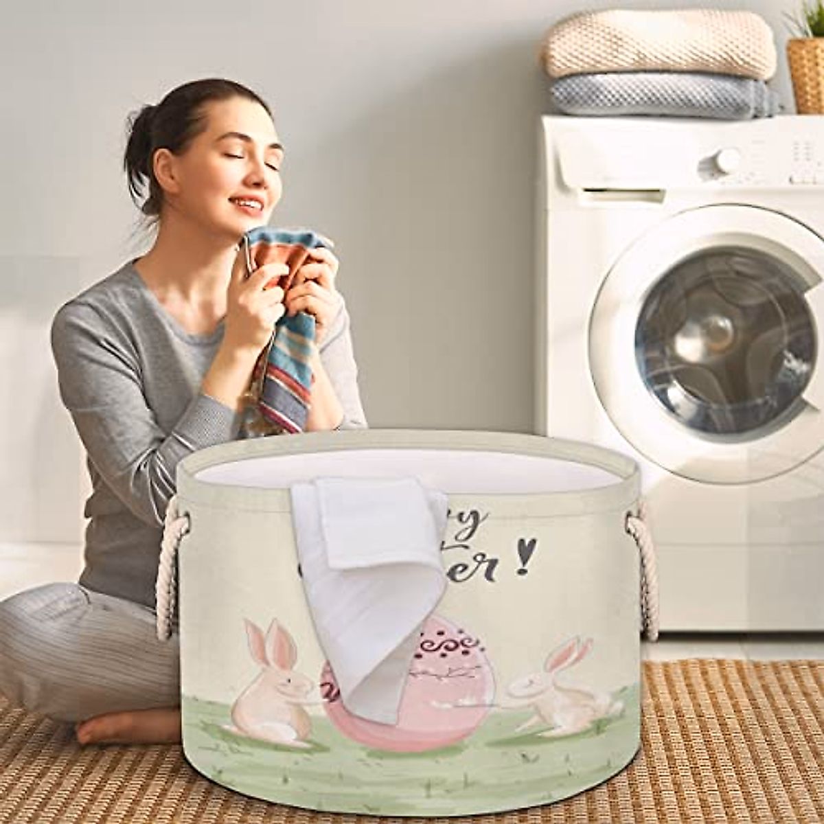 Happy Easter Funny Rabbits (7) Large Round Baskets for Storage Laundry Baskets with Handles Blanket Storage Basket for Bathroom Shelves Bins for Organizing Nursery Hamper Girl Boy