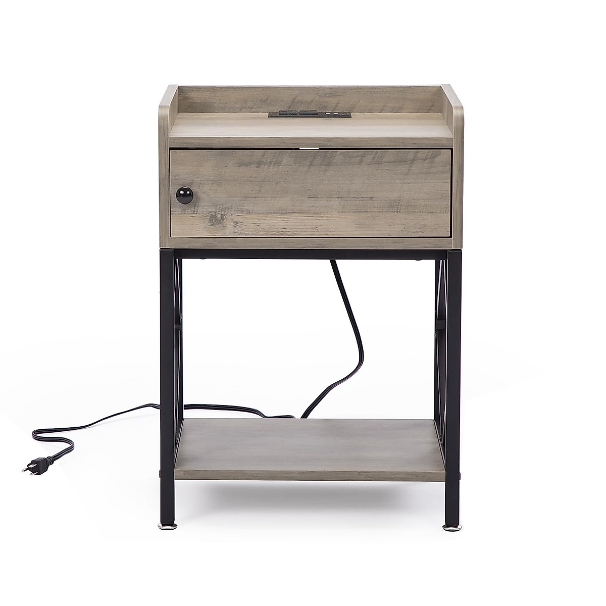 Gecheer Set of 2 Wood Nightstand, Farmhouse End Table with Charging Station, USB Ports, Cabinet, and Shelf, Sofa Bed Side Table for Bedroom Living Room, Adjustable Foot Pads, Rustic Gray