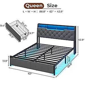 BTHFST Queen Bed Frame with Charging Station, LED Bed Frame Queen Size with Headboard Storage and 2 Drawers, Metal and Upholstered Platform Bed Frame with Lights, No Box Spring Needed, Dark Grey
