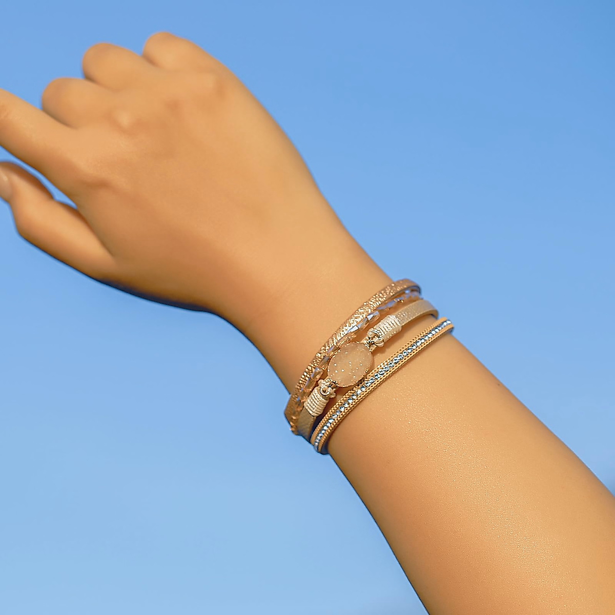 FANCY SHINY Boho Leather Wrap Bracelets Bohemian Crystal Bracelets Trendy Layered Bracelet with Magnetic Clasp Stackable Jewelry for Women (7.7", Gold)