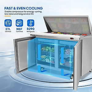 ROVSUN 48"W Sandwich & Salad Prep Table Refrigerator ETL NSF Certified, 13.1 Cu.Ft Commercial Refrigerator Salad Bar Stainless Steel w/18 Pans Cutting Board Lockable Wheels Double Doors for Restaurant