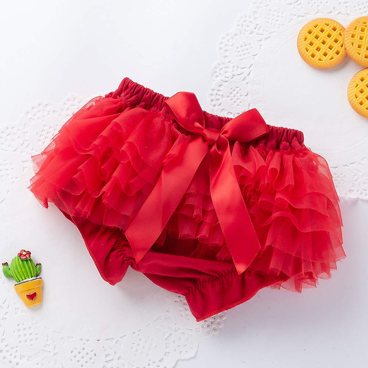 Lucky-BB Baby Girls'Tutu Bloomers Newborn Toddler Cotton Tulle Ruffle Diaper Covers with Bow Red, L-6-12 months