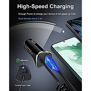 USB C Car Charger, 3.4A Cigarette Lighter Fast Charging Adapter with 3ft USB-C Coiled Cable for Google Pixel 7 Pro 6a 6 5a 4 XL 3, Galaxy S23 Ultra S22 S21 A14 5G A13 A03s A51, iPhone 14 13, Car Plug