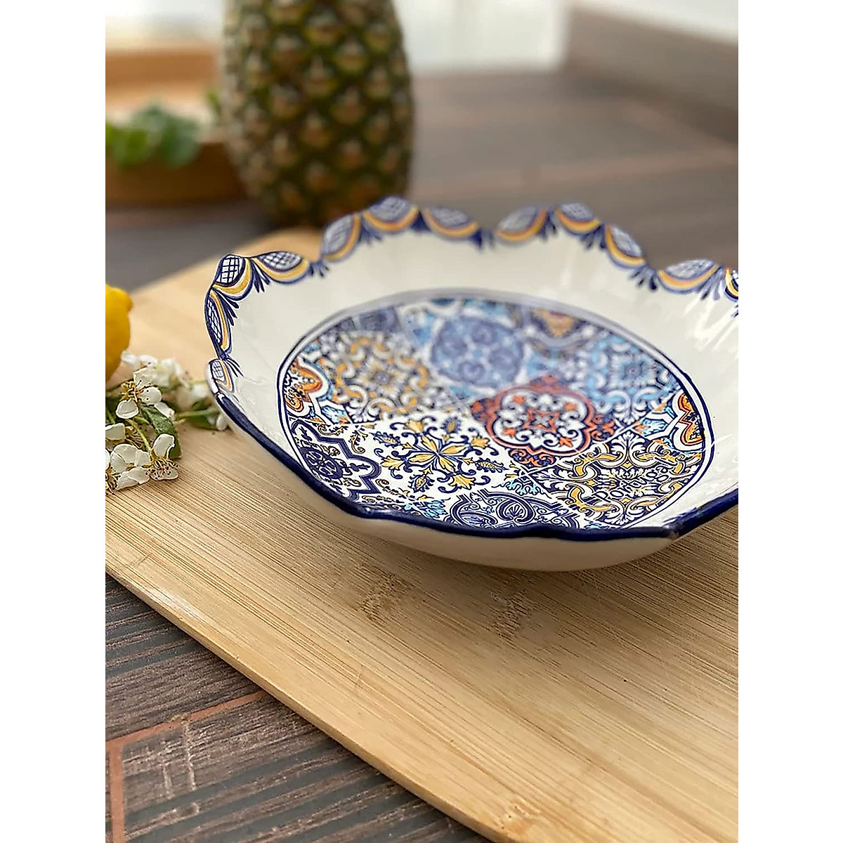 Alcoa Arte Portuguese Pottery Alcobaça Ceramic Decorative Salad Serving Bowl (Yellow), 8.5 in x 8.5 in x 3 in Inch (L x W x H), 175