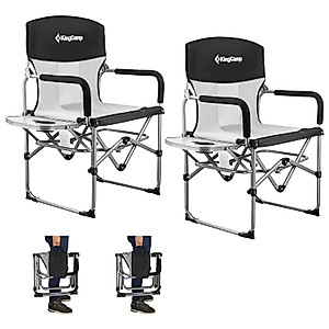KingCamp Portable Director Camping Folding Chair Hard Arm with Handle and Side Table Support 300 lbs Perfect for Beach Sunbathing Backyard Outdoor Use, One Size, Black/Mediumgrey-2 Pack