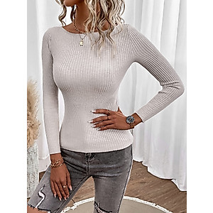 SweatyRocks Women's Basic Long Sleeve Boat Neck Top Ribbed Knit Slim Fit Pullover Sweater Apricot S