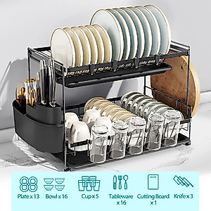 LEACHUTT Dish Drying Rack, 2 Tier Kitchen Dish Rack and Drainboard Set with Utensil, Cutlery and Cup Holder for Countertop, Large Rust-Proof Steel Dish Drainer for Plates, Mugs, Bowls, Knives, Black