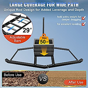 VEVOR Driveway Drag 66" Width, Tow Behind Drag Harrow 35" Length, 4" Height, Driveway Tractor Harrow with 2 Adjustable Bars, Heavy Duty Steel, Driveway Grader for ATV, UTV, Garden Lawn Tractors
