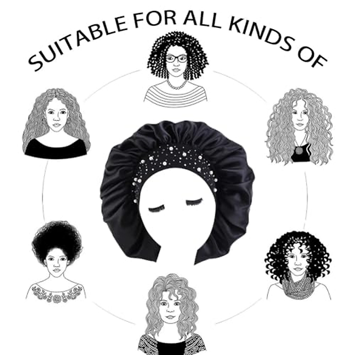 YeeMan Hair Bonnet Glittering Pearls and Rhinestones Satin Bonnet Wide Band Sleeping Cap (Black)