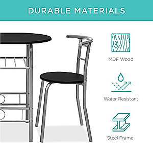 Best Choice Products 3-Piece Wooden Round Table & Chair Set for Kitchen, Dining Room, Compact Space w/Steel Frame, Built-in Wine Rack - Black/Silver