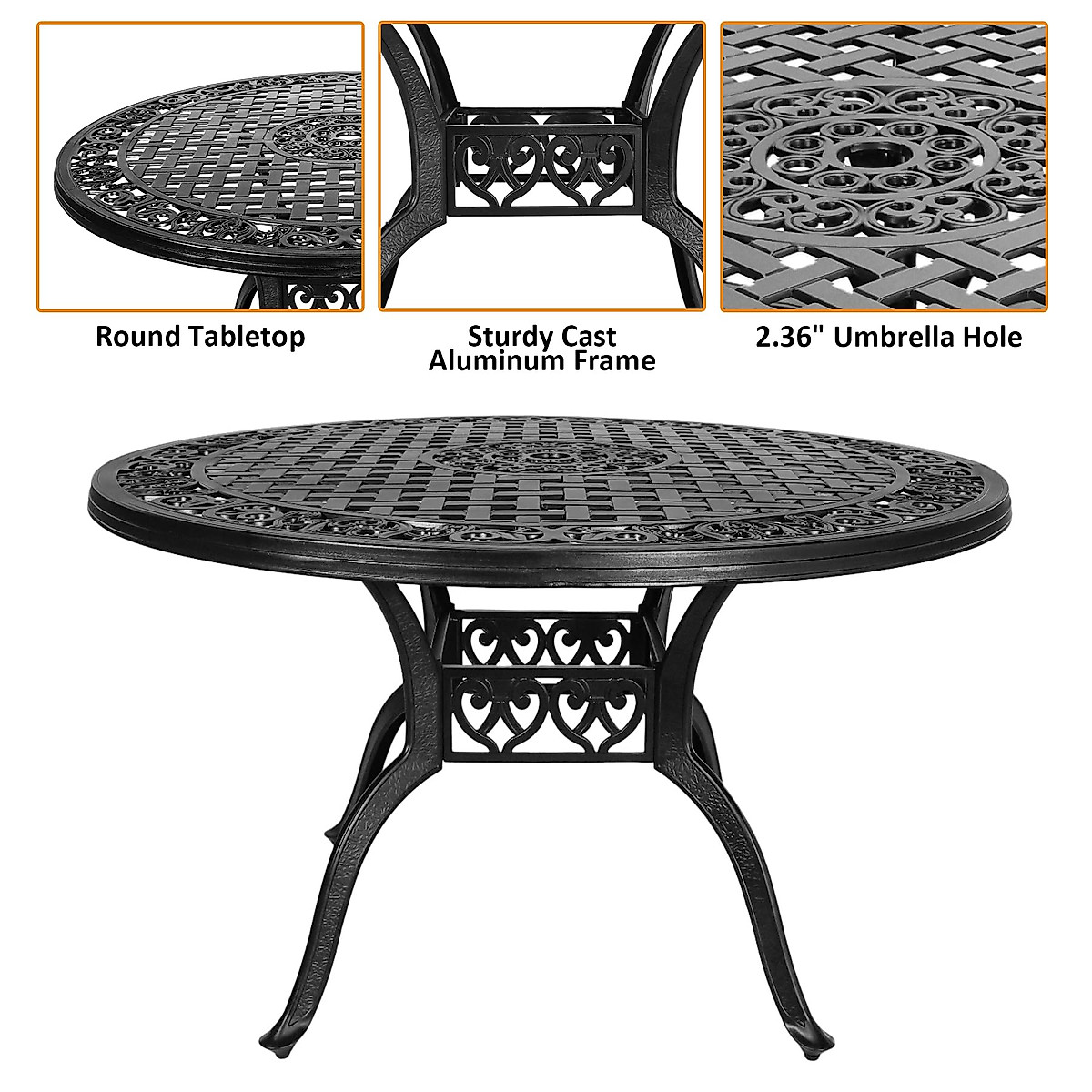 PATIO-IN 48.23" Patio Dinning Table, All-Weather Cast Aluminum Table with 2.36" Umbrella Hole, Patio Furniture Table, Outdoor Dining Table for Backyard and Poolside