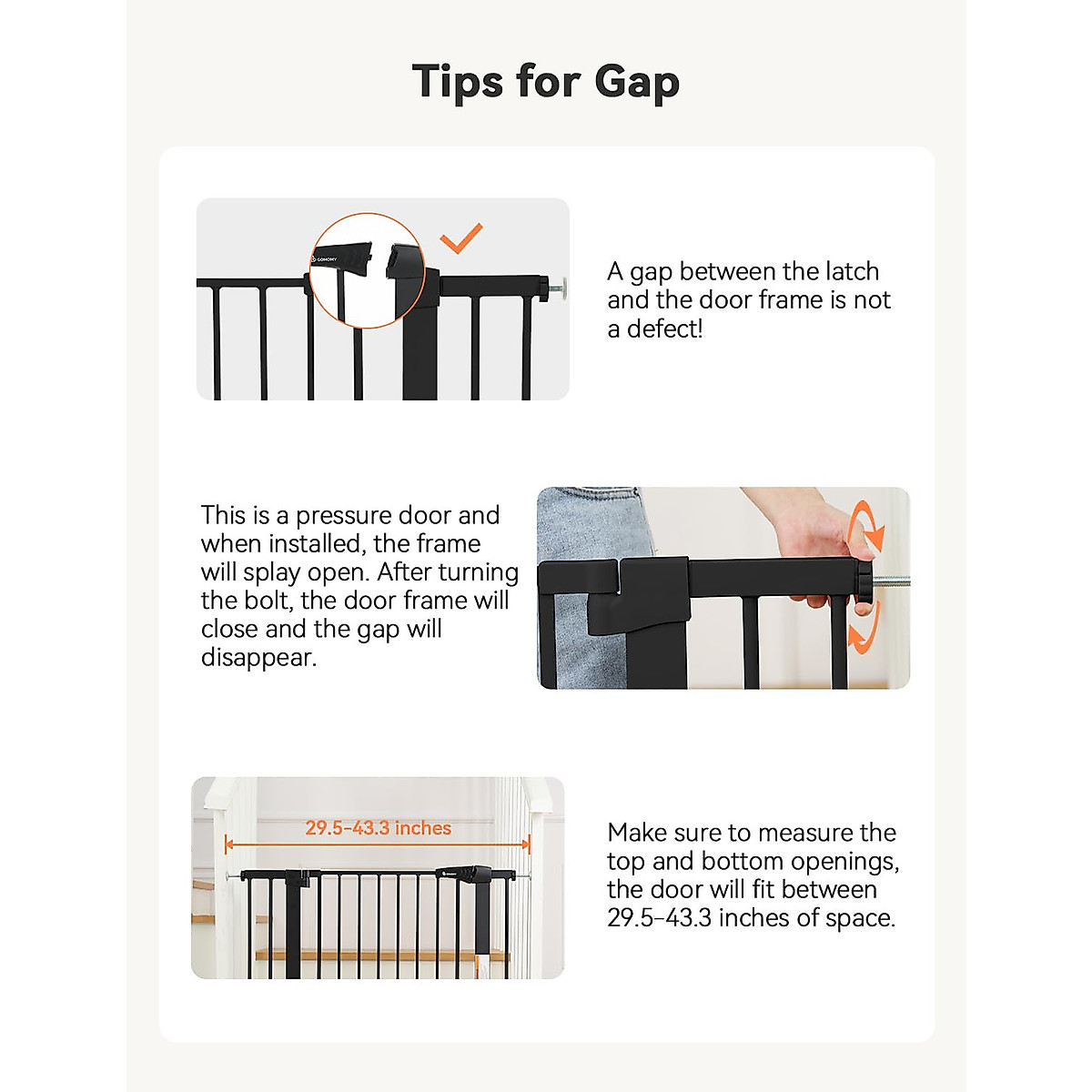 COMOMY 29.5-43.3" Safety Baby Gate Extra Wide, Auto Close Dog Gate for House Doorways Stairs, Pressure Mounted Easy Walk Through Pet Gate Child Gate, Includes 2.75" and 8.25" Extension, Black