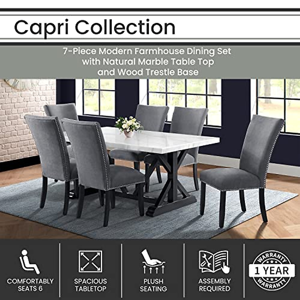 Hanover 7-Piece Linen Side Top and Wood Capri Modern w/White Marble Tabletop, Black Trestle Style Base, and 6 Comfortable Upholstered Foam Room Chairs, Farmhouse Dining Table Set, Natural, Gray