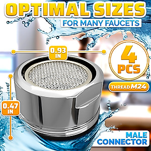 4Pcs Bathroom Faucet Aerator Replacement with Brass Shell - Kitchen Sink Aerator Faucet with Gasket - Kitchen Faucet Aerator Male Thread 15"/16" 24mm Bathroom Sink Aerator 2.2 GPM Faucet Aerator