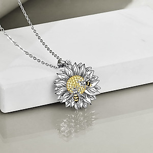 HUKKUN Sunflower Necklace Sterling Silver Sunflower with Bee Pendant Necklace You Are My Sunshine Sunflower Jewelry Gifts for Women
