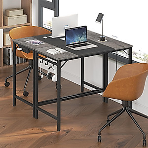 HOOBRO Computer Desk, Home Office Desk with Power Outlet, Modern Study Writing Desk with 3 Hooks for Study Room, Home Office, Sturdy and Stable, Easy to Assemble, Charcoal Gray and Black BC40UDN01