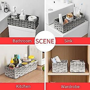 Toilet Tank Topper Paper Basket Multiuse Hand Woven Plastic Wicker Basket Bins with Divider for Shelves Rustic Farmhouse Bathroom Decor Countertop Organizer Storage