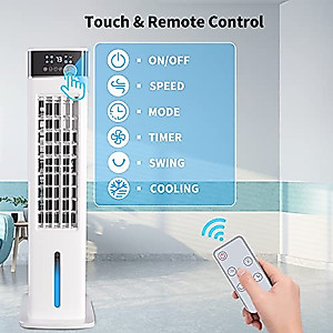 AKIRES 30" Small Portable Evaporative Air Cooler,Swamp Cooler with 12H Timer,3 Speeds,3 Modes,2 Ice Packs,Remote & Panel Control,Bladeless Oscillating Cooling Tower Fan for Bedroom Indoor Room Office