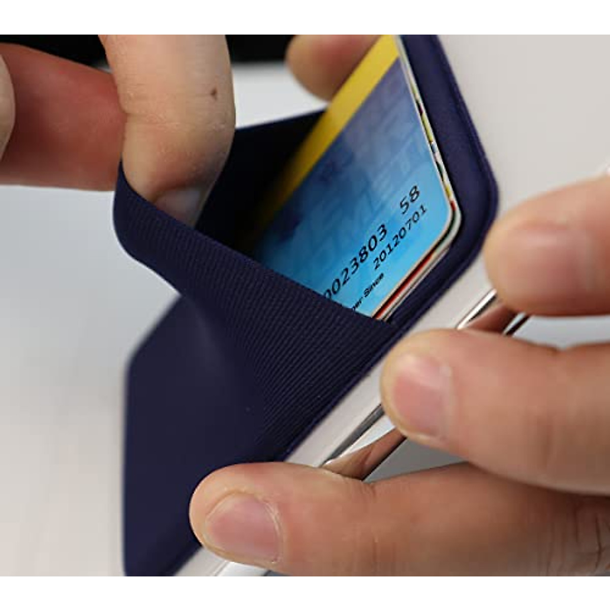 3Pack Cell Phone Card Holder Pocket for Back of Phone,Stretchy Lycra Stick on Wallet Credit Card ID Case Pouch Sleeve Self Adhesive Sticker with Flap for iPhone Samsung Galaxy-2Black+1Navy Blue