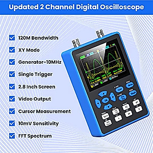 Digital Oscilloscope with 2 Channels 120Mhz Bandwidth Signal Generator 500MSa/s Sampling Rate, 2.8" LCD Backlight Display, Waveforms Storage, 3 Scan Modes, XY/YT/Roll, FFT Spectrum, Single Trigger