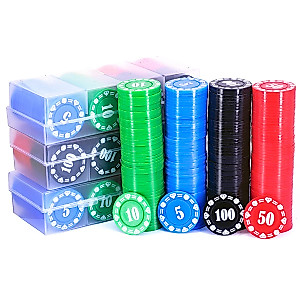 Plastic Poker Chips 300 Poker Chip Set with Storage Box,Denomination Printed Casino Style Chip for Texas Home Game Nights,Holdem Poker Nights,Blackjack or Roulette Games,Casino Parties (300 pcs)