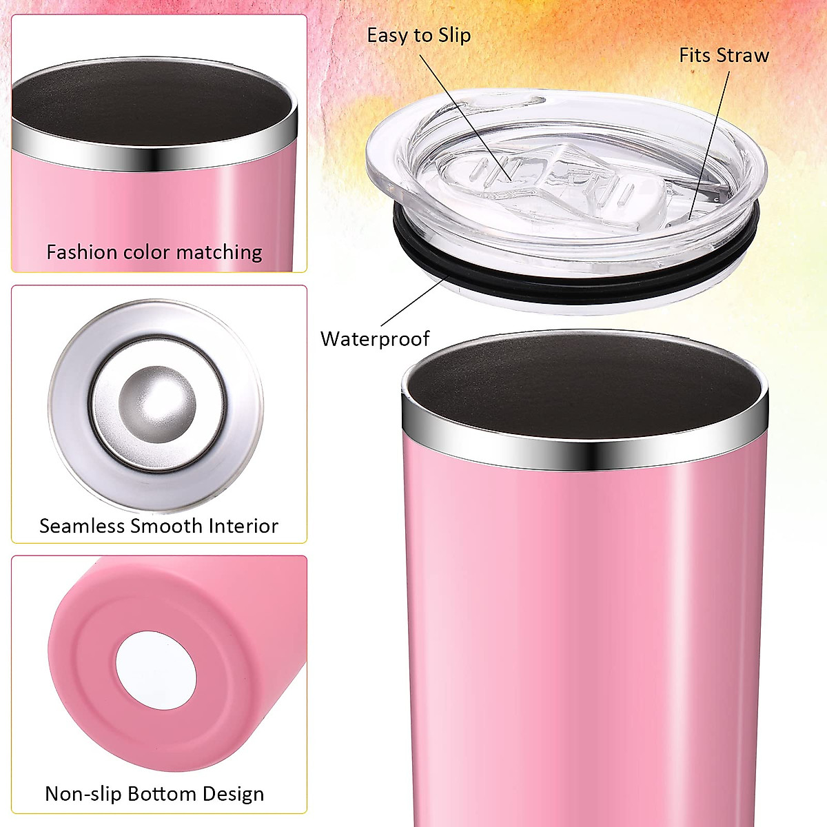 16 Pack Skinny Tumblers with Lids and Straws 20 oz Double Wall Vacuum Slim Water Tumbler Cup Stainless Steel Insulated Skinny Travel Mug Coffee Mug for Hot Cold Drink, 16 Colors