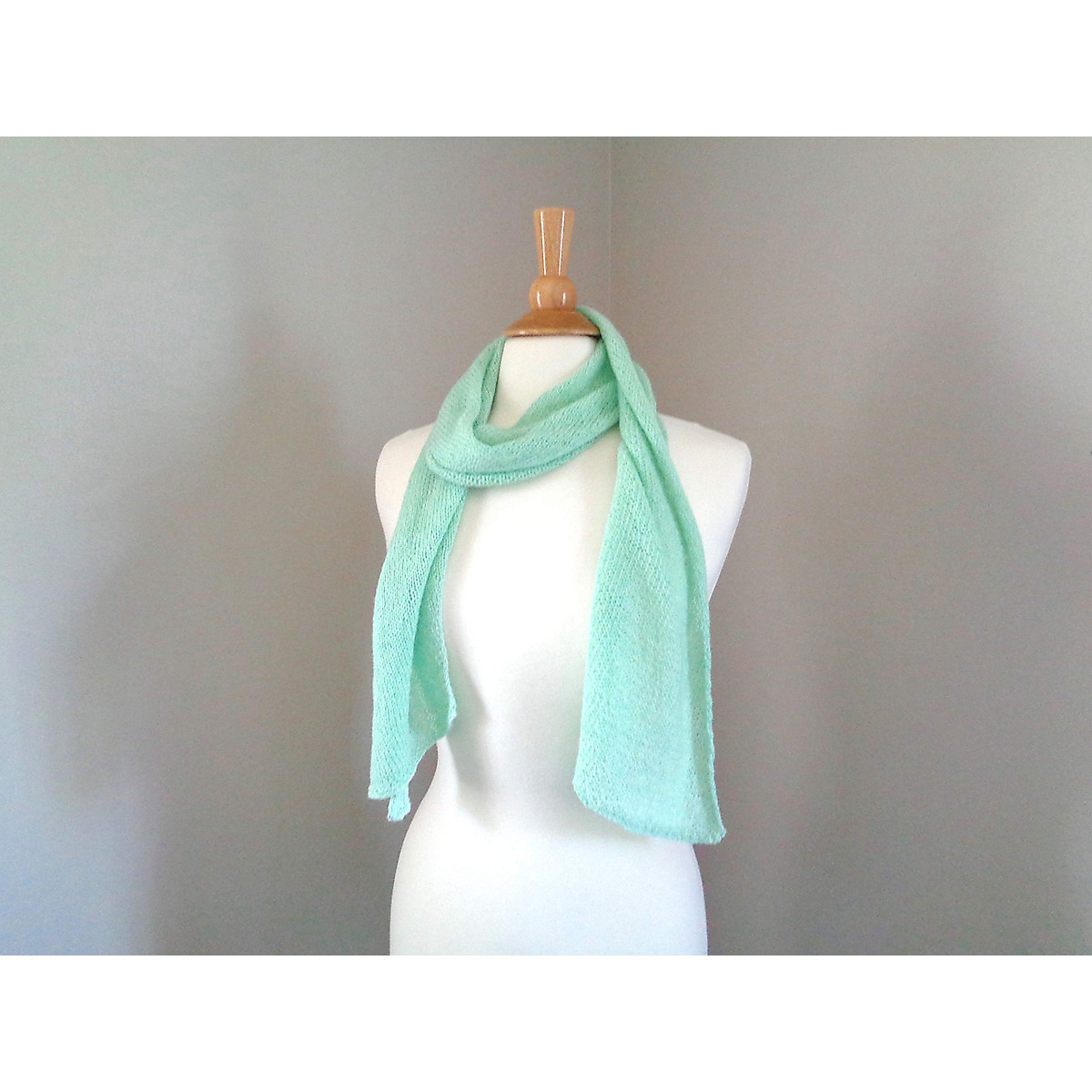 Simple Wrap Scarf, Mint Green, Merino Wool, Hand Knit, Diagonal Bias, Elegant Drapey, Women & Teen Girls, Super Light
