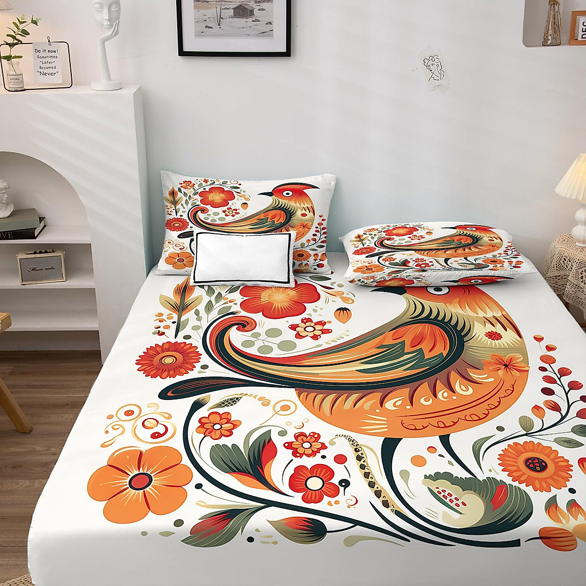 Bird Sheets Full Size, Floral Flower Bed Sheets, Patterned Bedding Sheets & Pillowcases 4 Piece Set - Soft Microfiber Deep Pocket Fitted Sheet & Flat Sheet & 2 Pillow Cases K1-&-18