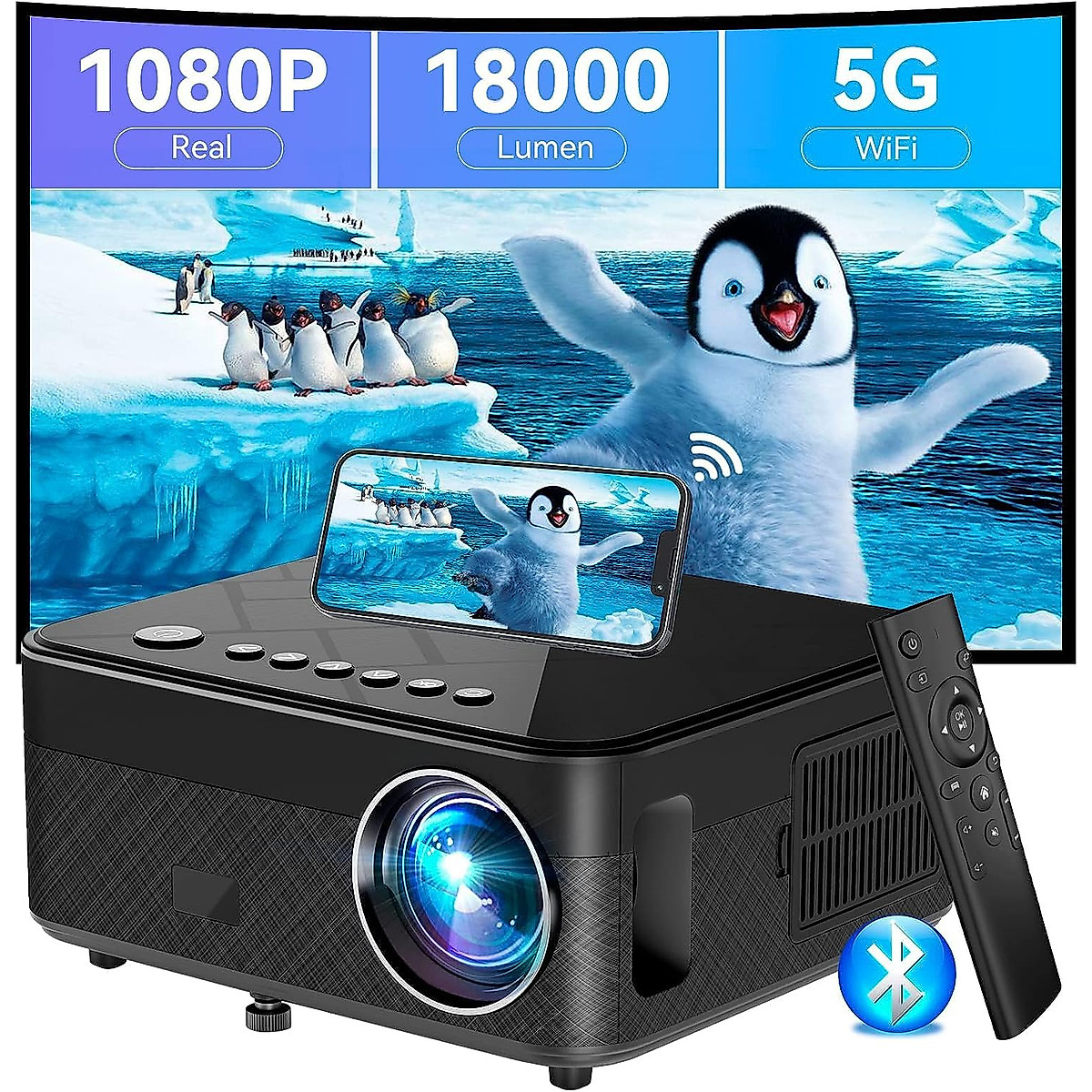 4K FHD WiFi Projector, Bluetooth Projector, 200" Portable Movie Projector, 13000 Lumens 500 ANSI Home Theater Video Projector Compatible with HDMI, USB, Laptop, iOS & Android Smartphone