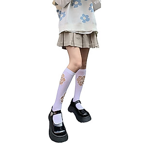 Sahabowi White Pearl Flower Handcraft Calf Socks For Women, Nylon Silk High Knee Stockings, Elastic Stretch Thin(HS2023042407white, 1pair)